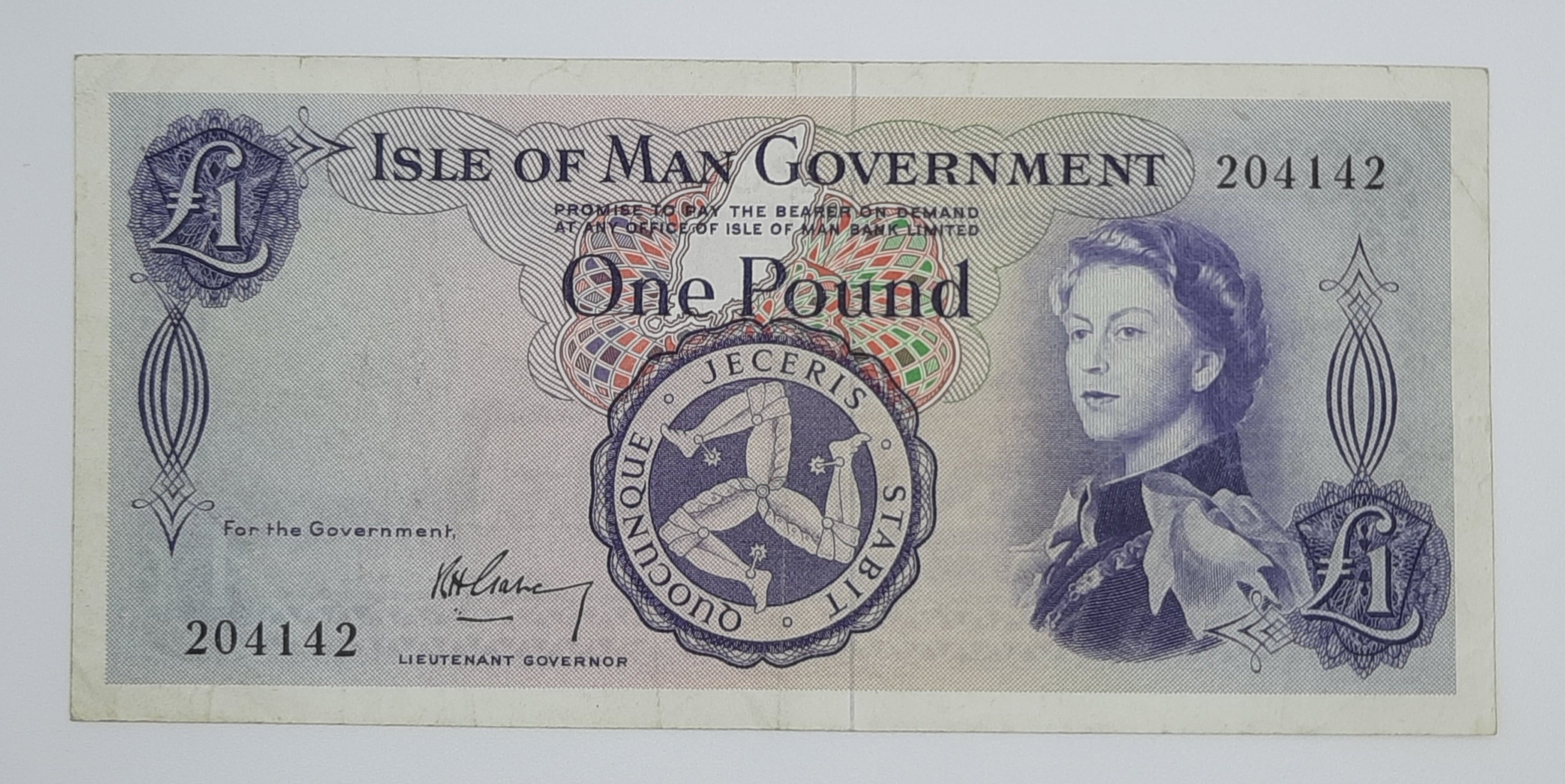 1961 Isle of Man Government - 1 (One) Pound Manx Banknote Serial No. 2 ...