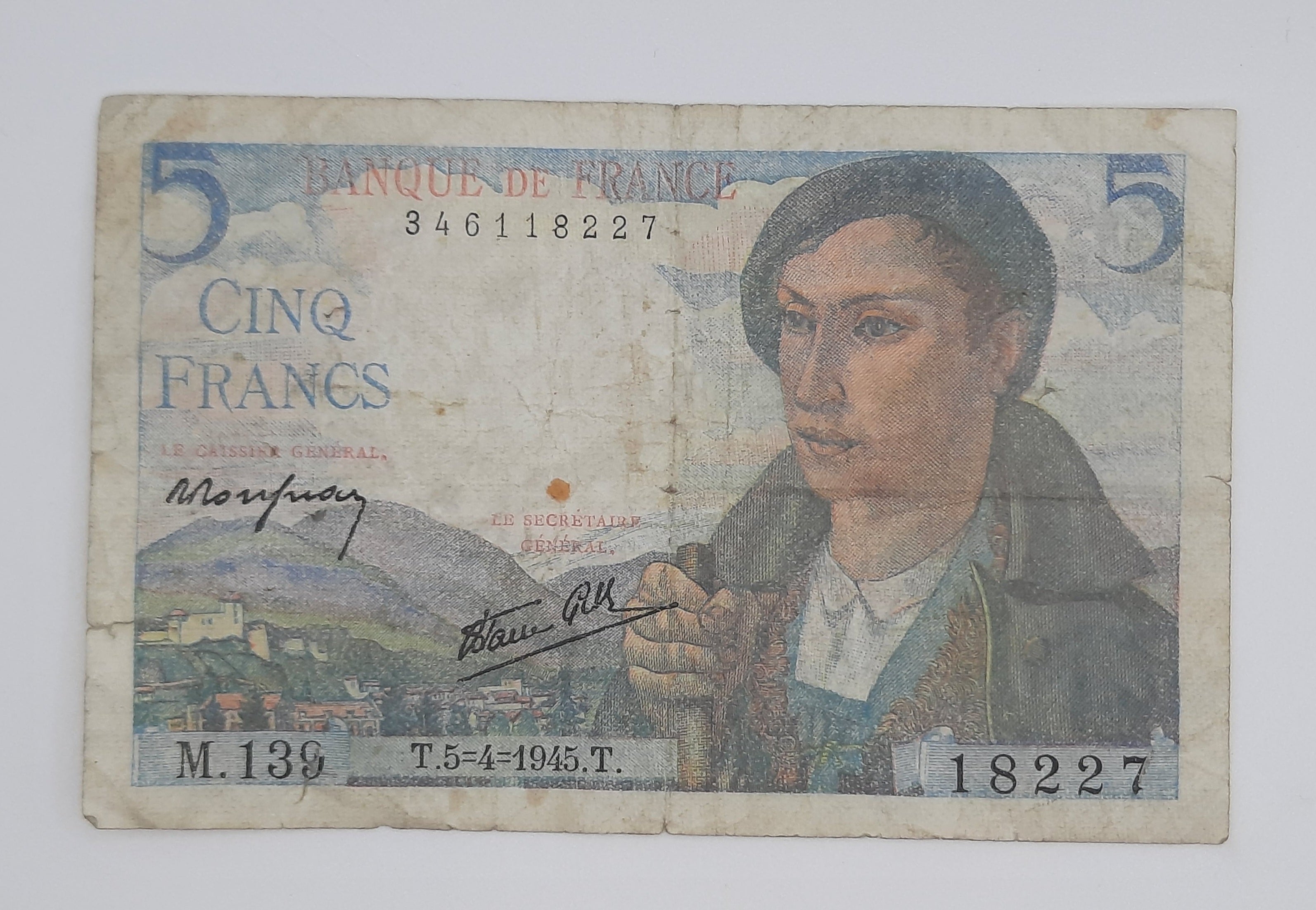 1945 Banque De France - 5 (Five) French Francs Banknote P-98a Serial N ...