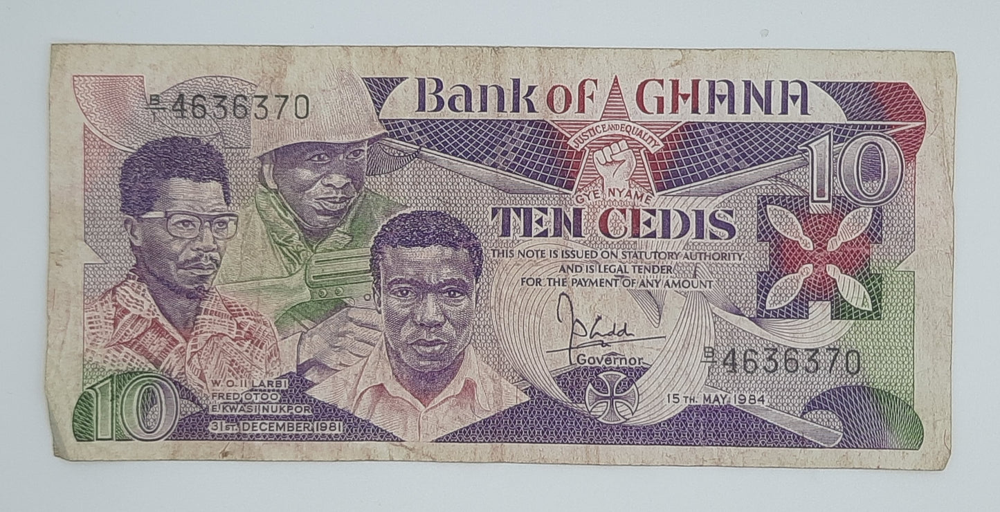 1984 Bank of Ghana - 10 Ghanaian Cedis Banknote P-23a Serial No. B1 46 ...