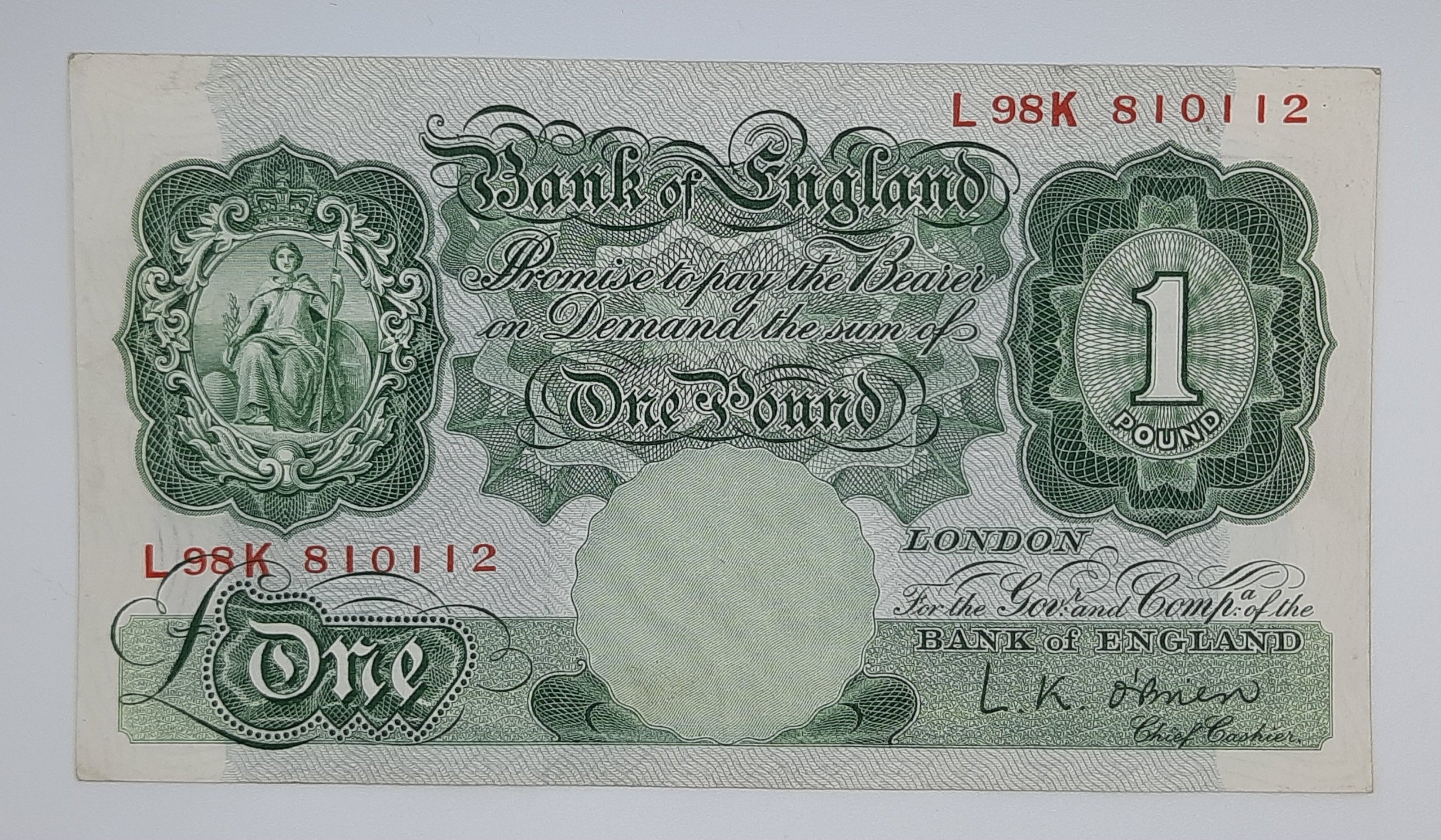 1955 Bank of ENGLAND, UK - £1 (One) British Pound Banknote Serial No ...