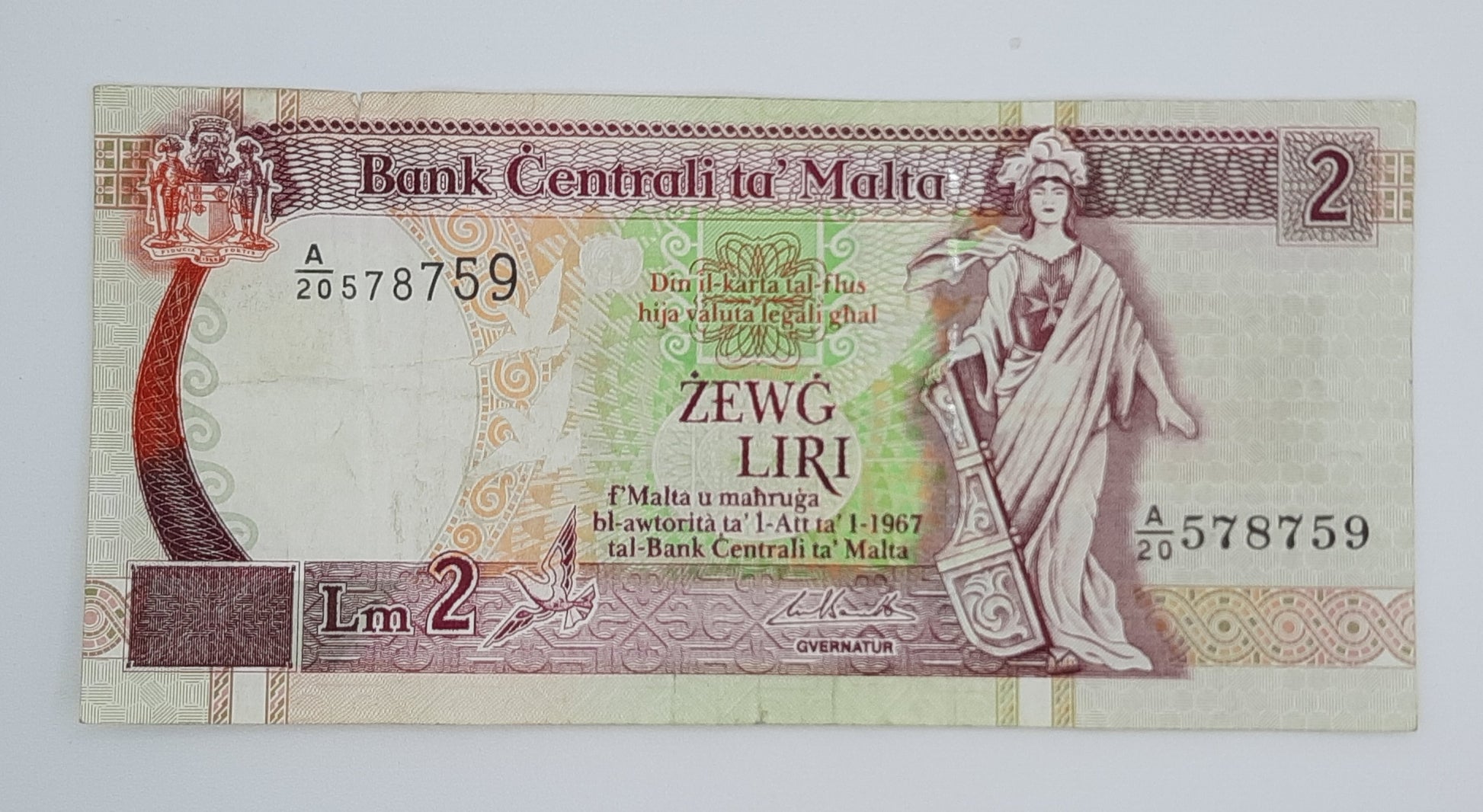 1994 Bank Centrali ta' Malta - 2 Maltese Pounds / Lira Banknote P-45d ...